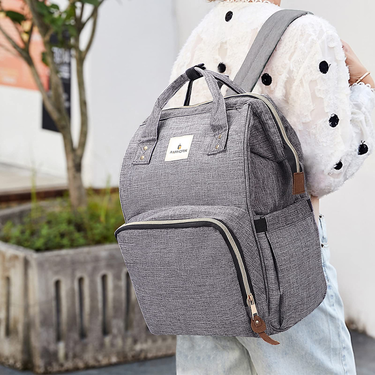 RAMHORN Diaper Bag Backpack Multifunctional Travel Back Pack Maternity Baby Changing Bags Waterproof Large Capacity For Baby Care Gray