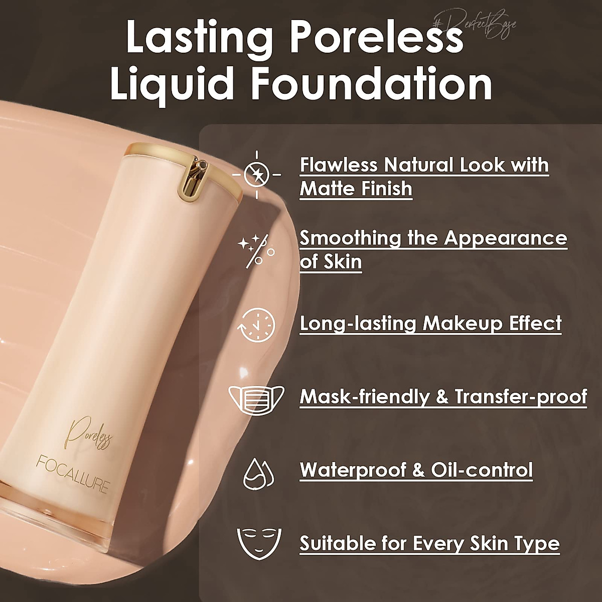 FOCALLURE PerfectBase Lasting Poreless Liquid Foundation, Medium to Full Coverage with Matte Finish, Covers Blemishes & Under-Eye Circles for All Skin Types, CP02 CREAM