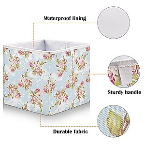 Ollabaky Floral Pink Roses Cube Storage Bin Fabric Foldable Storage Cube Basket Cloth Organizer Box with Handle for Closet Shelves, Nursery Storage Toy Bin, S
