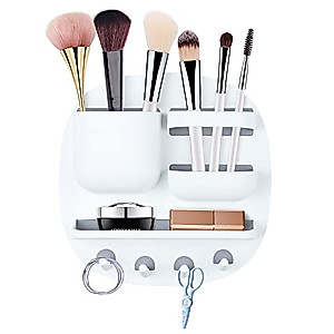 Kilolemo Wall Mounted Makeup Brush Holder Small Storage Organizer Adhesive Wall Storage Holder Hanging Container Toothbrush Storage Rack for Badroom Bathroom Kitchen（White）