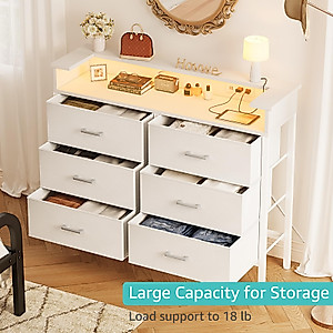 BOLUO White Dresser with LED Light and Charging Station for Bedroom 6 Drawer Dresser with USB Outlet, Dressers & Chests of Drawers Fabric Dresser for Closet Modern