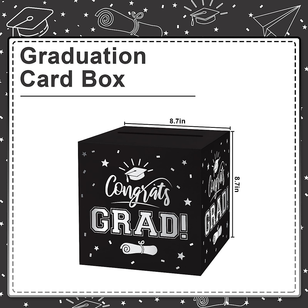 LIKAJON 1 Pack Black and Silver Foil Graduation Card Box, 8.7" Black Gift Card Box Holder Money Box, Congrats Grad Foldable Cardboard Decorations Box for Graduation Party Decoration and Grad Parties
