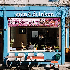 Large Happy Valentines Day Banner Outdoor Decorations 120" x 20" Valentine's Yard Sign Purple Flowers Cute Dogs Love Hill Holiday Party Supplies Valentine Backdrop Home Decor with Brass Grommets for Garden House Fence Garage Indoor Gifts Anniversary Weddi