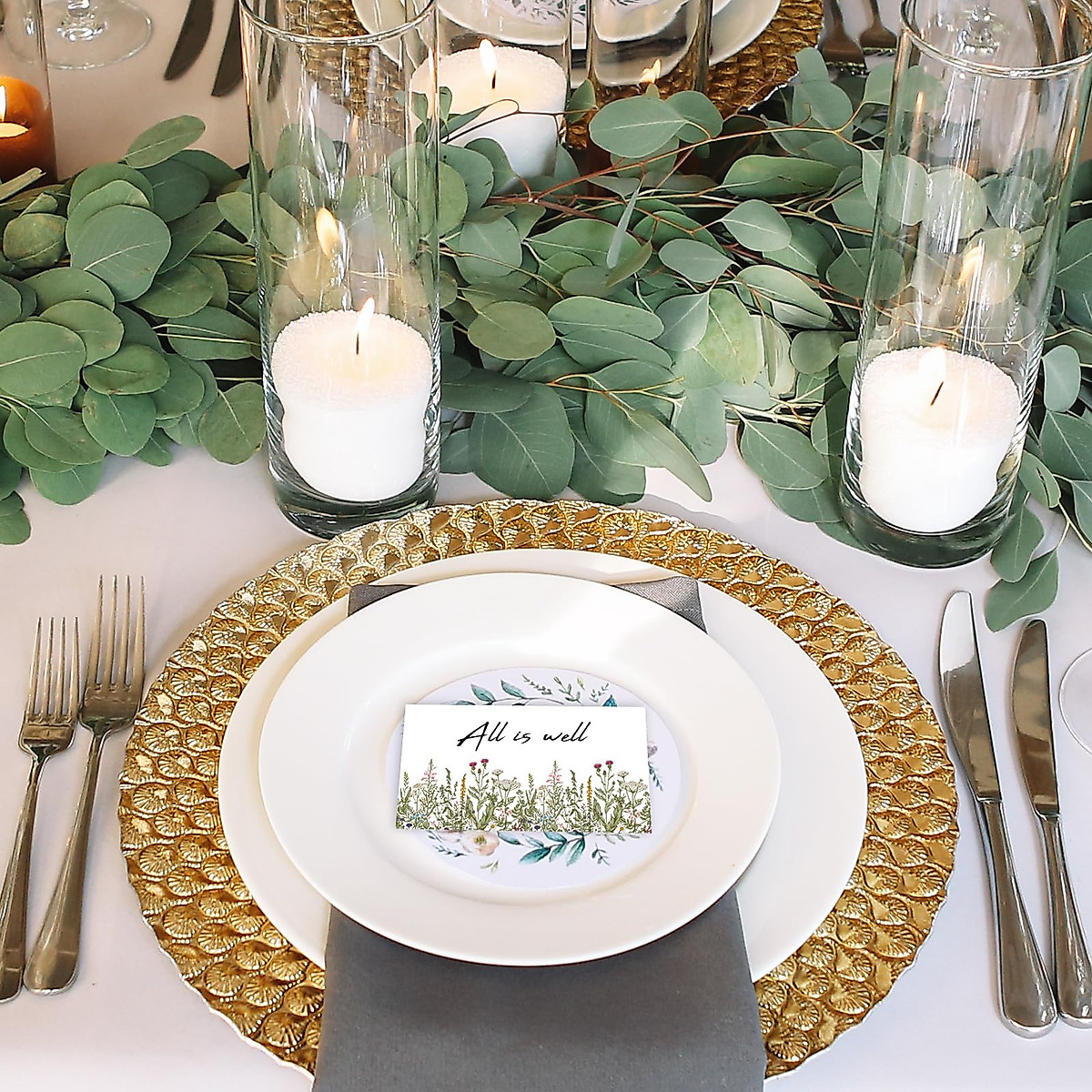 JarThenaAMCS 100Pcs Vintage Wildflower Place Cards 2 x 3.5 Inch Green Wild Floral Tented Cards Blank Table Name Sign for Party Reception Table Setting