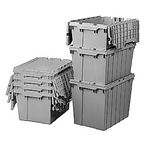 Akro-Mils 39160 Industrial Plastic Storage Tote with Hinged Attached Lid, (27-Inch L by 17-Inch W by 12-Inch H), Gray, (4-Pack)