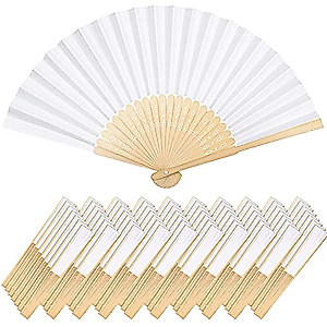 70 Pieces White Paper Hand Fan Bamboo Folding Fan DIY Paper Fan Bamboo Paper Wooden Fan Foldable Wedding Fan for Dancing Photo Props Wall Decoration Wedding Accessories