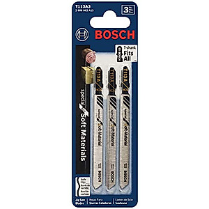 BOSCH T113A3 3-Pack 4 In. Knife Edge T-Shank Jig Saw Blades Ideal for Applications in Soft Materials, Cardboard, Leather, Carpeting, Polystyrene