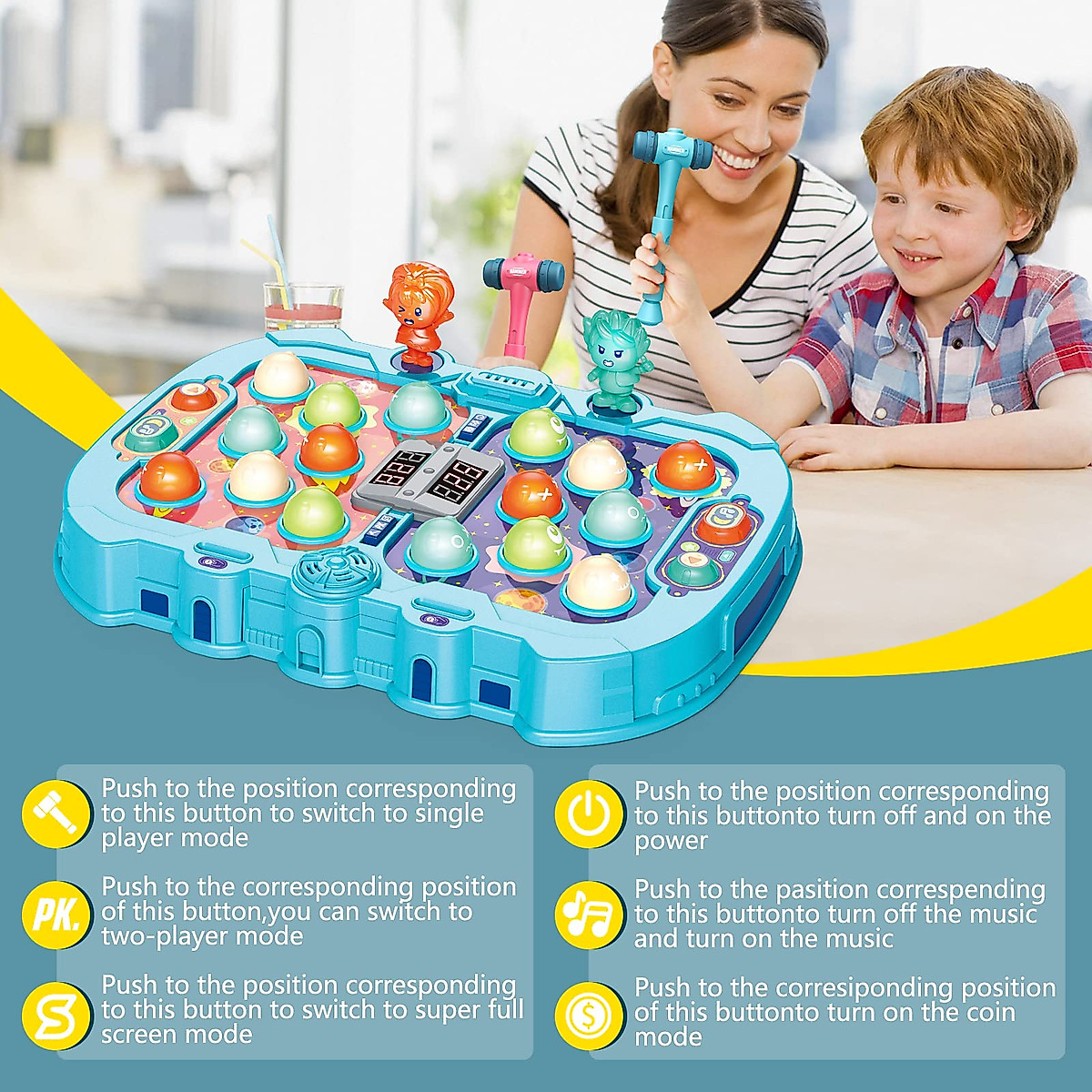 Whack A Mole Game for Toddlers, Pounding and Hammer Toys with Light and Sound, Pounding Toys for 3,4,5,6,7+ Kids, Whack A Mole Game for Kids, PK Mode with 2 Hammers (Blue)