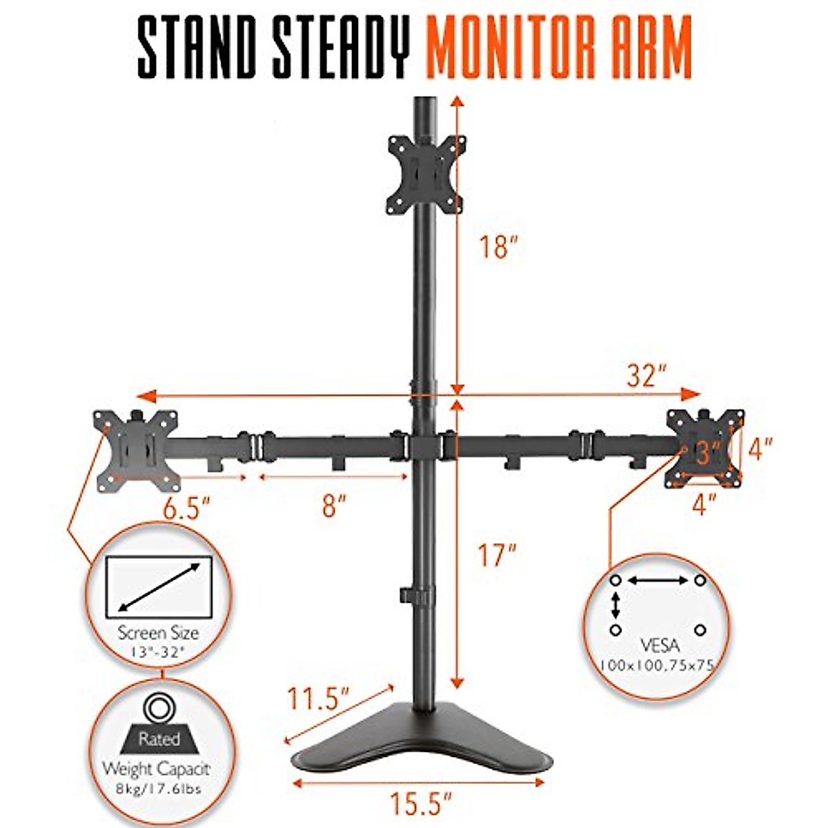 Stand Steady Triple Monitor Desk Stand with Tabletop Base, for Home or Office Use, Height Adjustable Computer Monitor Stand with Full Articulation VESA Mounts, Fits Most LCD/LED Monitors 13-32 Inches