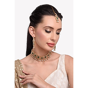 Efulgenz Kundan Necklace Set Indian Kundan Jewelry Sets for Women Green Indian Jewelry Kundan Crystal Choker Necklace Dangle Earrings Maang Tikka Bollywood Wedding Choker Necklace for Women