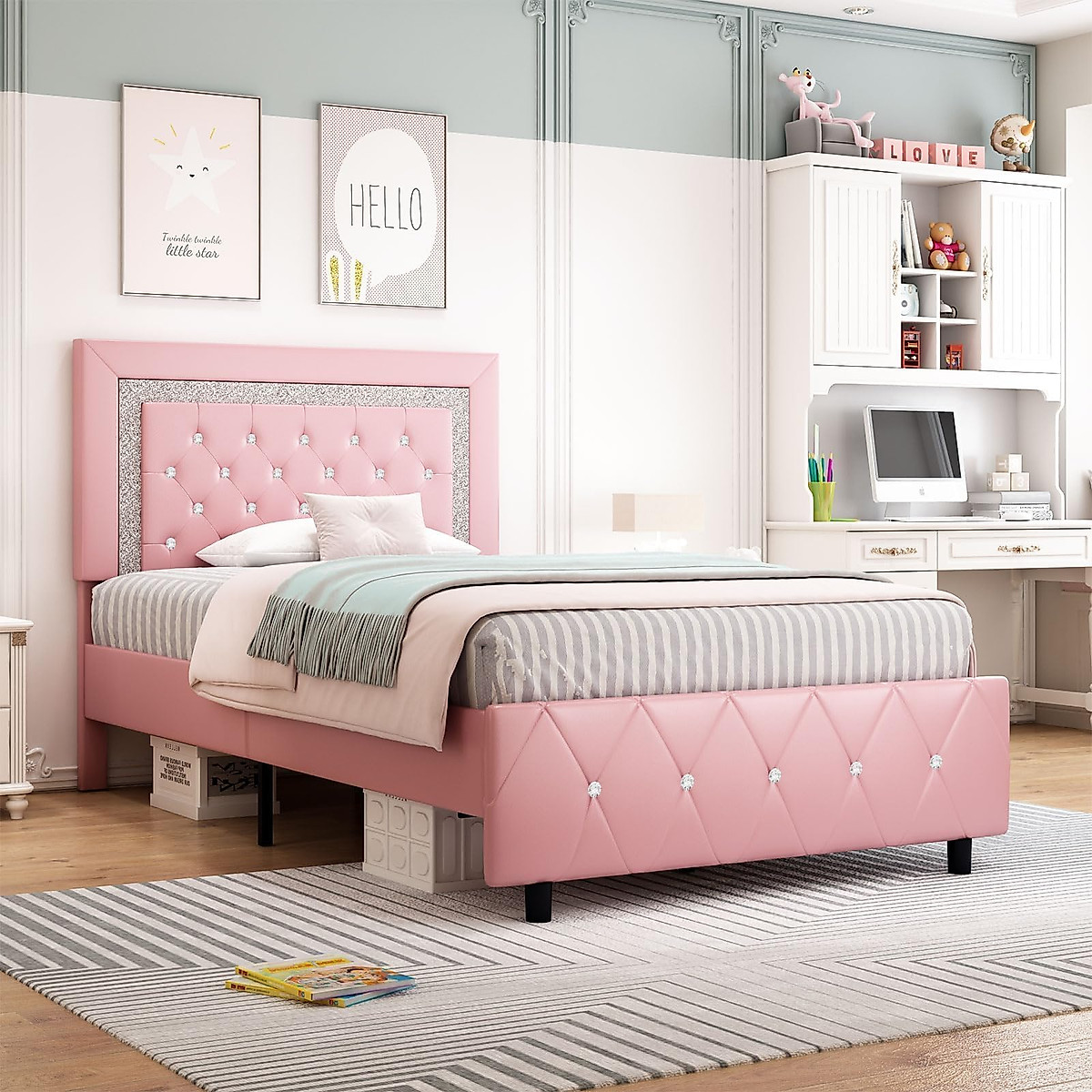 Twin Bed Frame, Upholstered Platform Bed with Diamond Button Tufted Headboard, Girls Twin Bed Fame, Princess Bed Frame with Crystal Tufted Headboard, Wooden Slats Support, Easy Assembly, Pink