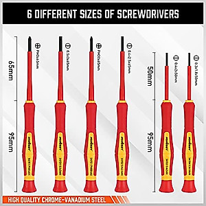 HORUSDY 1000V 6-Piece Mini Insulated Screwdriver Set, Magnetic Tip Mini Electrician Screwdriver Set Slotted(1.8mm,2.0mm2.5mm,3.0mm), Phillips: (PH00, PH0)