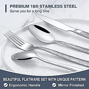 Hammered Silverware Set with Organizer, 49 Piece Stainless Steel Flatware Set for 8, Eating Utensil Sets with Steak knives, Cutlery Tableware Service Include Fork Knife Spoon Set, Mirror Polished