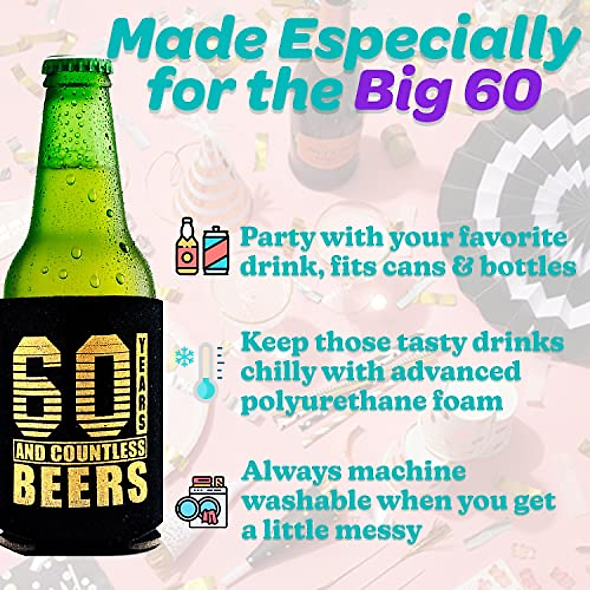 60th Birthday Decor and Party Favors, Beverage Sleeves Gift for Dad's 60th Birthday Party, Decorations and Party Supply, 60s Birthday Decorations for Men, 12-Pack, Black & Gold