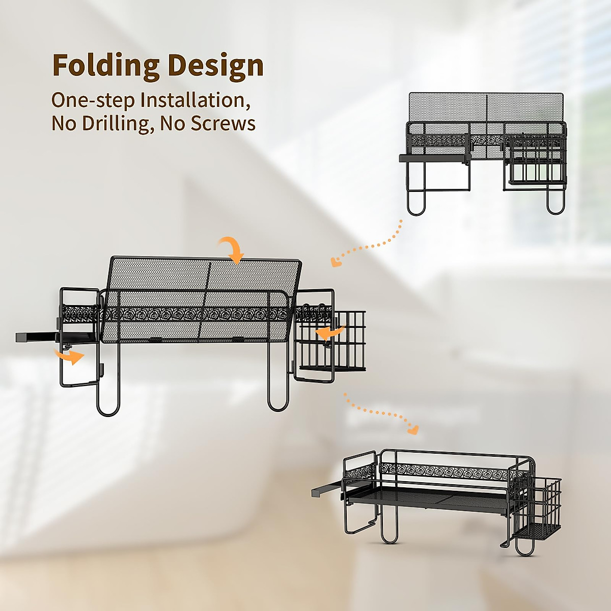 Iirios Over The Toilet Storage, 1-Tier Folding Bathroom Shelf Over Toilet, Over Toliet Organizer with Metal Basket and Paper Holder, Above Toilet Storage Shelf, No Assembly, No Drilling Space Saver