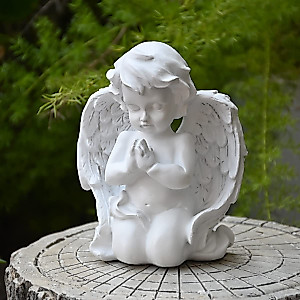 OwMell Kneeling Praying Cherubs Statue, Resin Baby Angel Figurine, Wings Angel Statue Memorial Cherub Sculpture for Home Decoration 6.3" - White