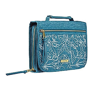 Christian Art Gifts Faith Badge Floral Women's Tri-Fold Organizer Bible Cover Zipper Closure, Teal Canvas, Medium