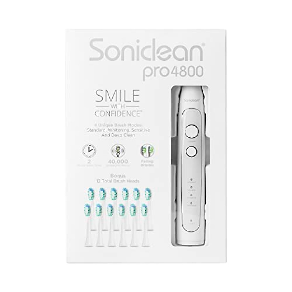 Soniclean Pro 4800 Electric Toothbrush for Adults with 12 Toothbrush Heads, Rechargeable Toothbrush, Automatic Toothbrush, Soft Bristle Toothbrush, White