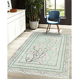 Ambesonne Apple Blossom Decorative Rug, Flowers and Blooming Spring Season Branches Nature Garden Romance, Quality Carpet for Bedroom Dorm and Living Room, 5' 1" X 7' 5", Mint Green and Pink