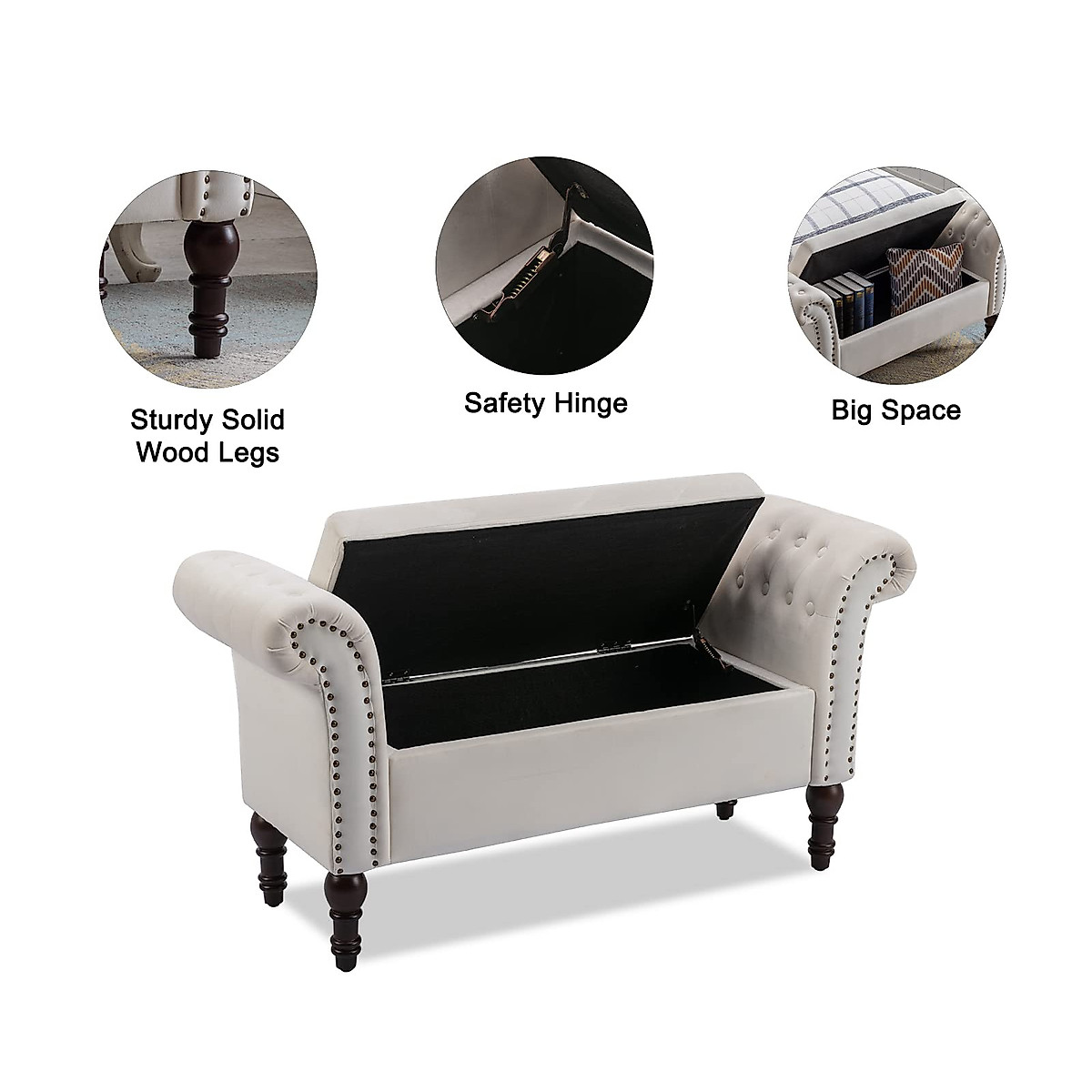 QUINJAY Velvet Tufted Upholstered Storage Bench, Cream, 33.5 in L x 16.5 in W x 26 in H