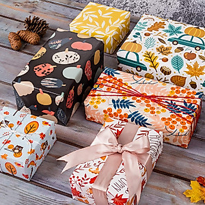 WRAPAHOLIC Wrapping Paper Sheet - Maple Leaf and Pumpkin Autumn Design for Fall Celebrating, Birthday, Holiday, Wedding, Baby Shower - 1 Roll Contains 6 Sheets - 17.5 inch X 30 inch Per Sheet