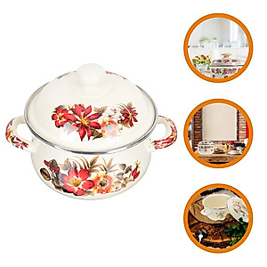 Kichvoe Small Pot with Lid Enamel Pot Vintage Stockpot Simmer Pot Enamelware Stew Pot Cooking Pot Soup Pot with Handle and Lid for Induction Cookers Gas Stove 22cm-Random Pattern