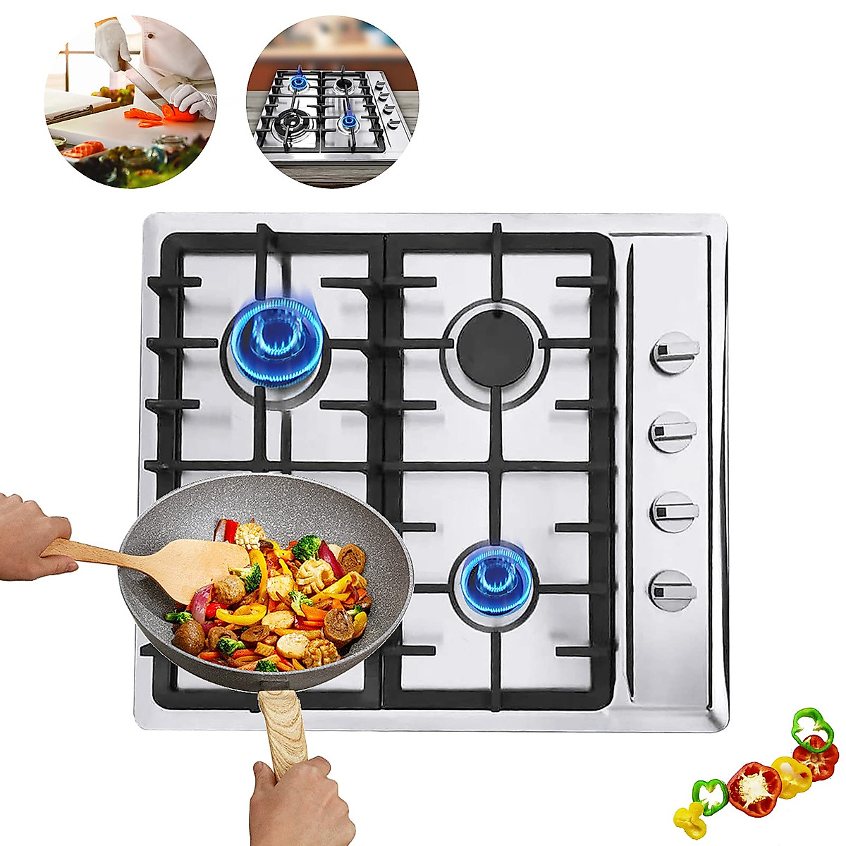 4 Burners Gas Stove Top, 23 inches Gas Cooktop, Stainless Steel Cooktop Cast Iron Grates Gas Stovetop with Thermocouple Protection and Easy to Clean