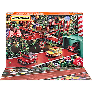 Matchbox Cars Advent Calendar, Mix of 10 Die-Cast 1:64 Scale Toy Cars, Trucks or Buses, 14 Accessories & Playmat (Styles May Vary)