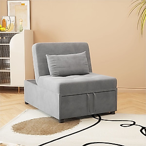 LEVNARY Convertible Chair Bed Sleeper, Velvet 4 in 1 Single Sofa Folding Chair Ottoman, Pull Out Small Couch Ottoman Bed for Home Living Room (Velvet Grey)