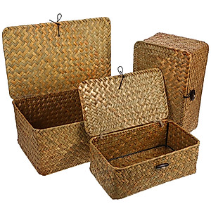 Rattan Storage Basket Makeup Organizer Multipurpose Container with Lid (S/M/L)