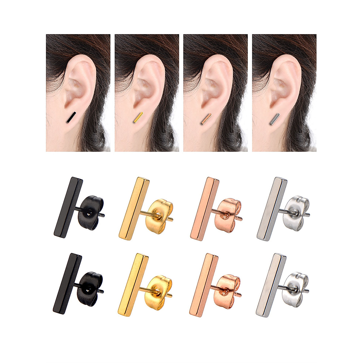 Mudder 4 Pairs Stud Earrings Stainless Steel Line Stick Stud Earring Rectangle Bar Stud for Men and Women, 4 Colors
