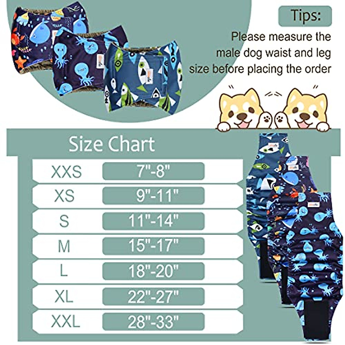 Grecle Premium Male Dog Wraps - High Absorbency Male Dog Diapers (Pack of 3) - Washable Belly Band for Male Dogs Incontinence and Puppy Training (Seafloor, S)