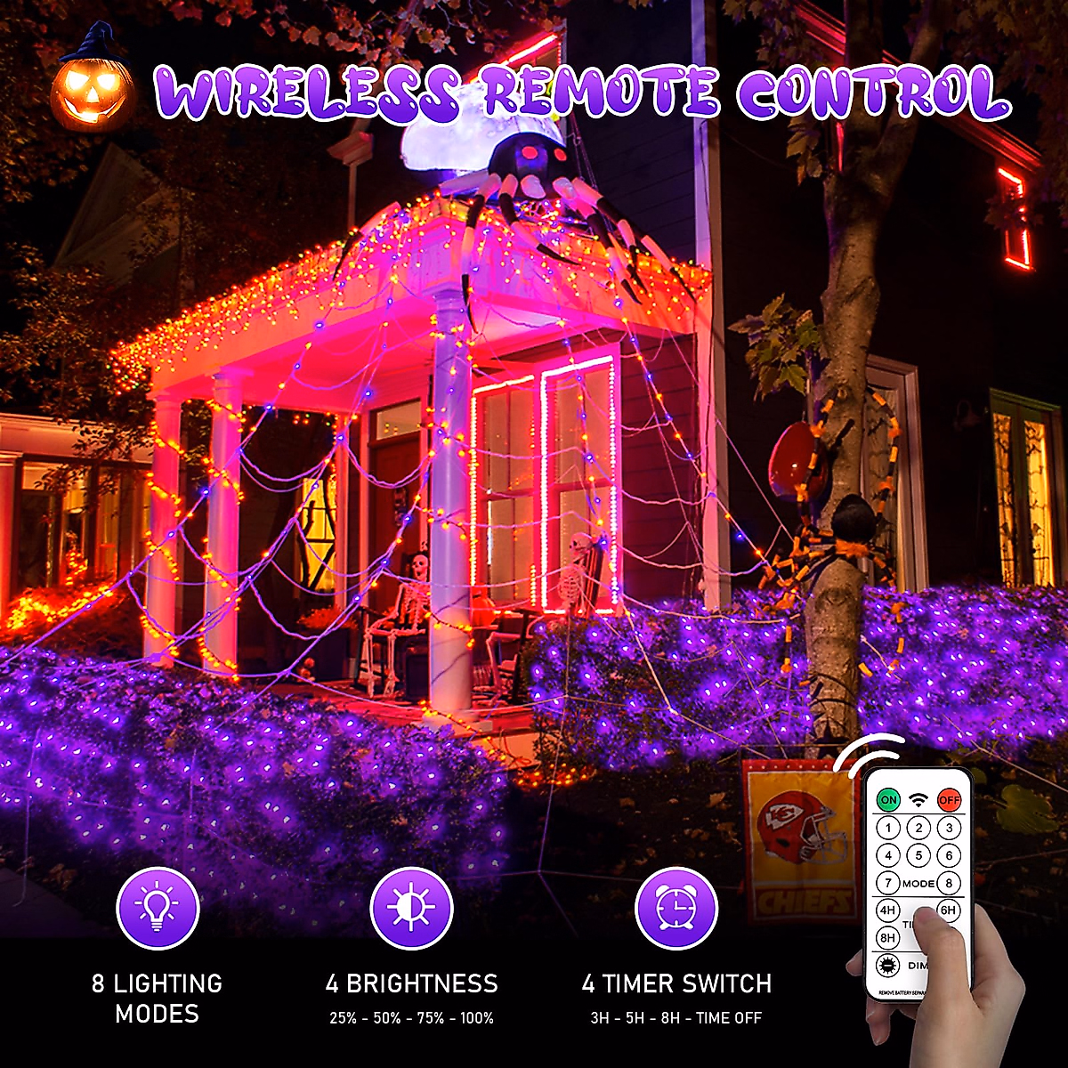 JMEXSUSS Purple Solar Halloween Lights Outdoor, 320 LED 9.8ft x 6.6ft Solar Net Lights Outdoor Waterproof, Purple Solar Lights with 8 Modes Remote for Halloween Decorations