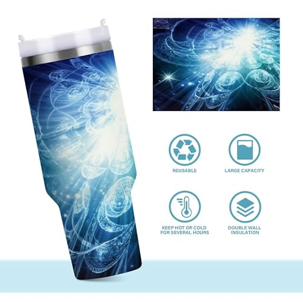 RPLIFE Galactic Bloom Blue 40 Oz Tumbler with Handle and Straw, Stainless Steel Tumbler, Insulated Coffee Mug with Lid