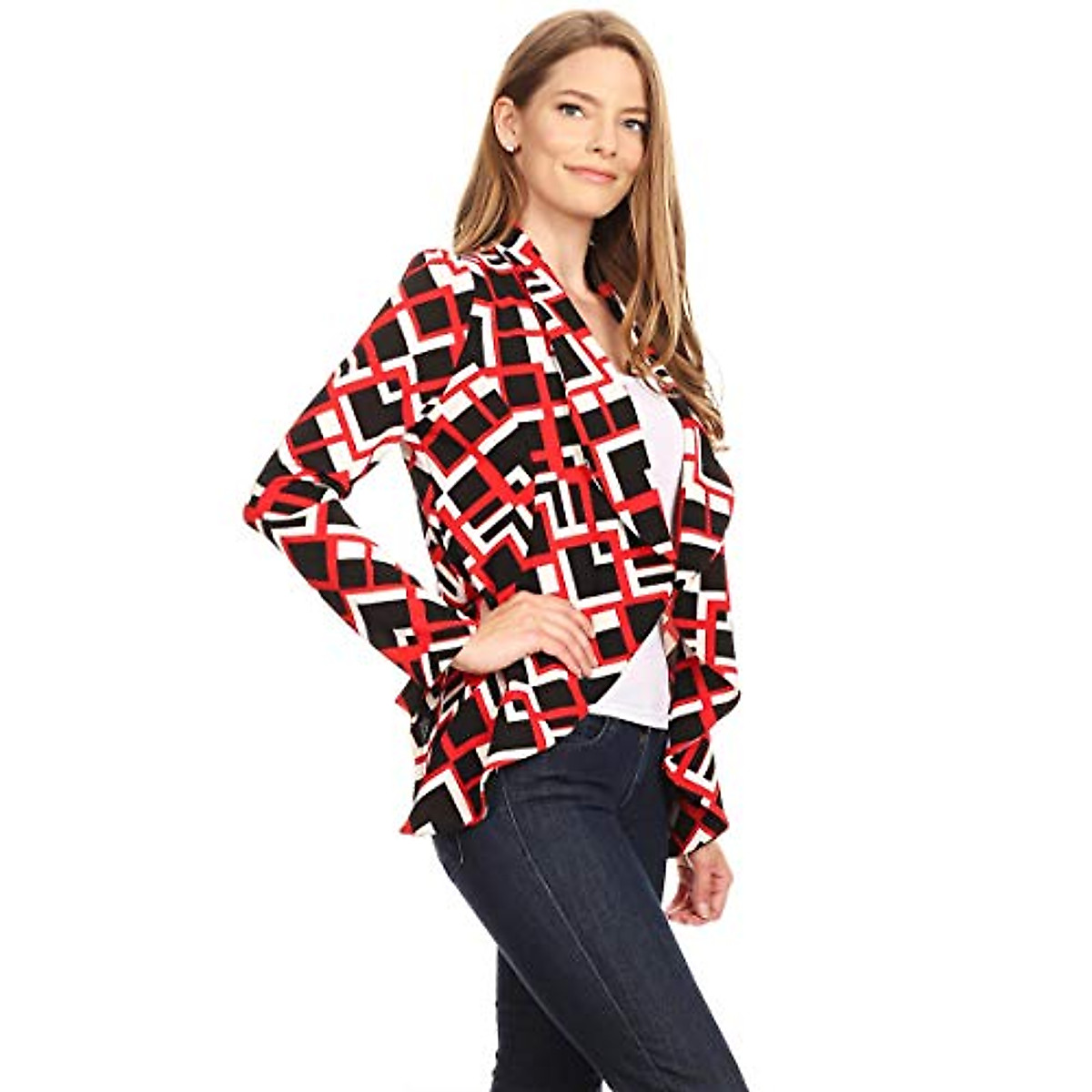 Pattern Print Casual Office Long Sleeve Open Front Blazer Jacket/Made in USA Zigzag Red White S