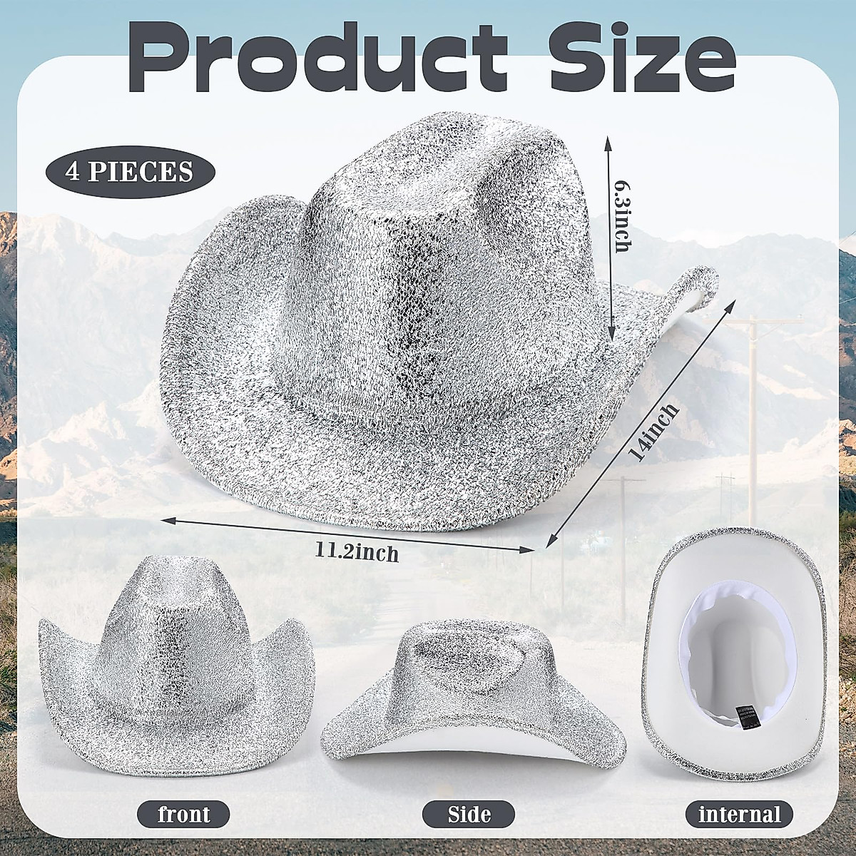 Breathffy 4 Pcs Silver Cowboy Hat Felt Western Cowgirl Hat with Wide Brim Classic Disco Cowboy Hat for Women and Men