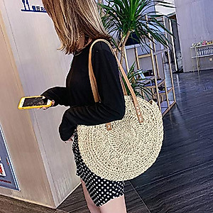 Large Bag Round Straw Beach Bag,Women Holiday Woven Tote Bag,Handle Shoulder Rattan Bag (White)