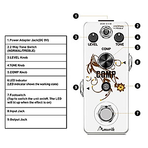 Amuzik Guitar Compressor Effect Pedal Analog Vintage Ultimate Compression 2 Modes Comp Effect Pedals for Electric Guitar True Bypass
