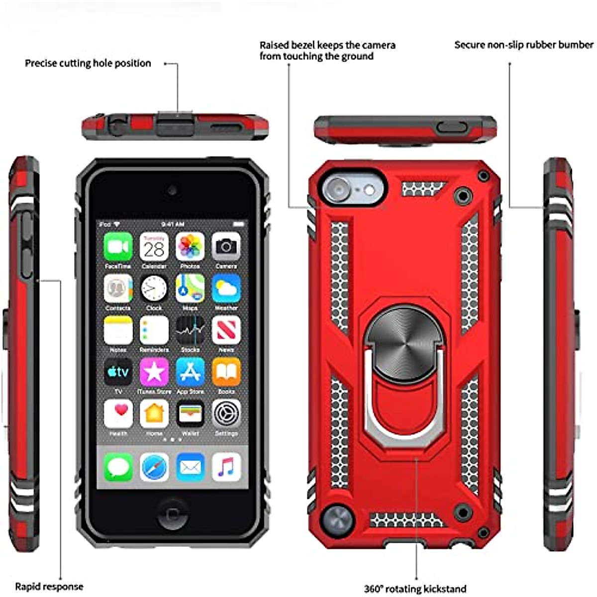 iPod Touch 7 Case, iPod Touch 6th Generation Case for Girls, iPod Touch 5 Case with [2Pack] Screen Protector, LeYi Military Grade Phone Case with Kickstand for Apple iPod Touch 7th/6th/5th Gen，Red