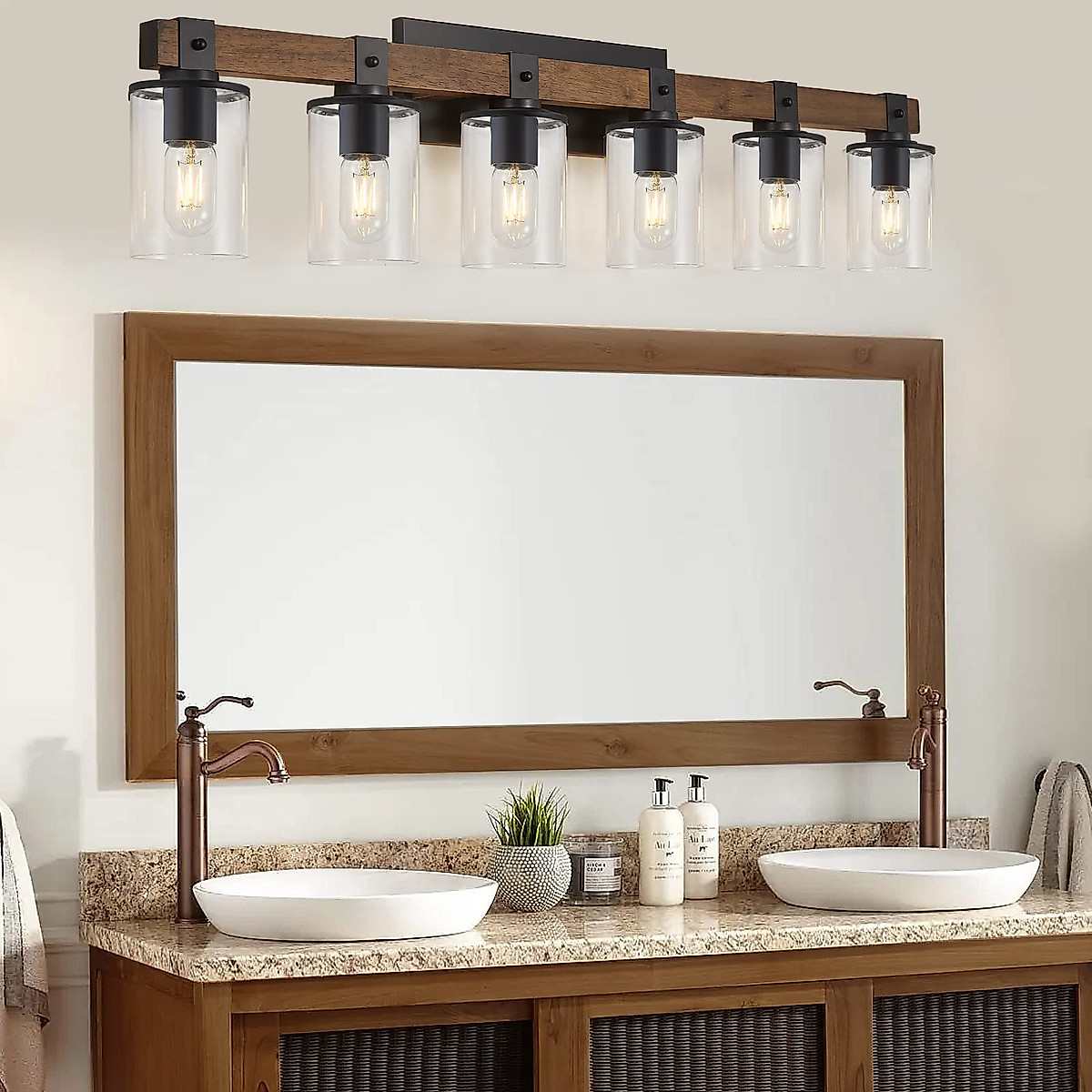 DUJAHMLAND 6-Light Wood Vanity Light,40.5 inch Farmhouse Bathroom Metal Wall Sconce with Cylinder Clear Glass Shade,Industrial Wall Light Fixtures for Hallway,Kitchen,Bedroom(Wood, 6-Light)