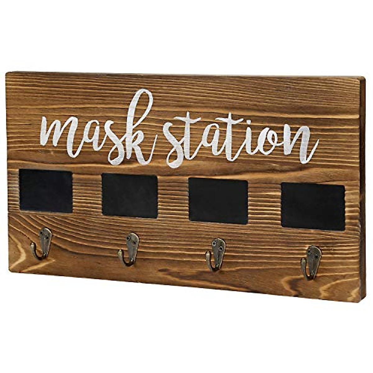 MyGift Wall Mounted Burnt Wood Personal Face Mask Holder Rack with MASK Station Print Design, 4 Mask Key Hooks and Individual Chalkboard Labels