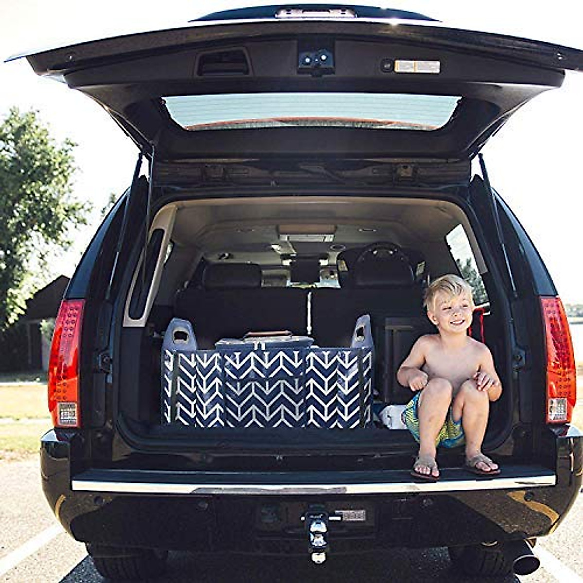 Trunk Organizer, Foldable Car Storage Bag Portable Insulation Cooler Bag Collapsible Vehicle Organizer Divider Storage Totes with 3 Compartment Cargo Tote for Groceries Caddy SUV, Navy Blue