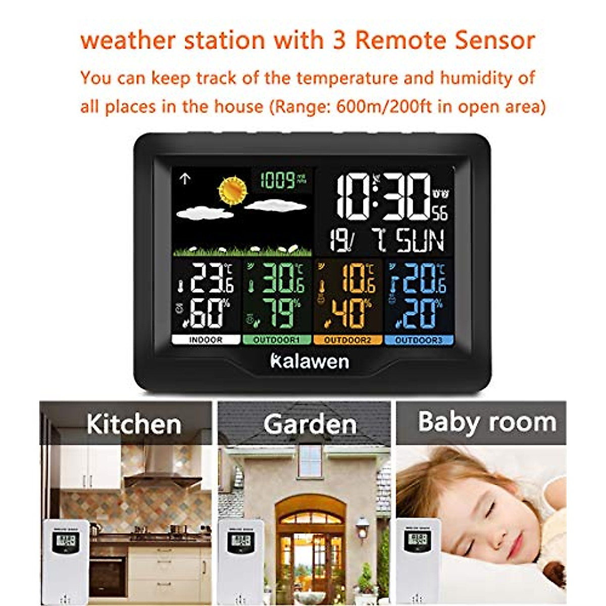 Kalawen Home Wireless Weather Station Multiple Sensors with Atomic Clock, Indoor/Outdoor Thermometer Wireless Humidity Barometer Monitor