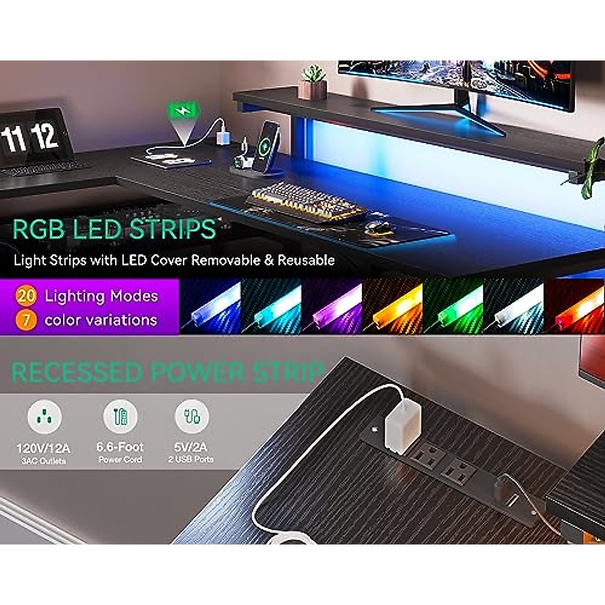 AODK 61" L Shaped Desk with Drawer, Computer Desk with Power Outlets & LED Lights, Reversible Corner Gaming Desk for Home Office Workstation, Office Desk with Monitor Shelf, Pure Black