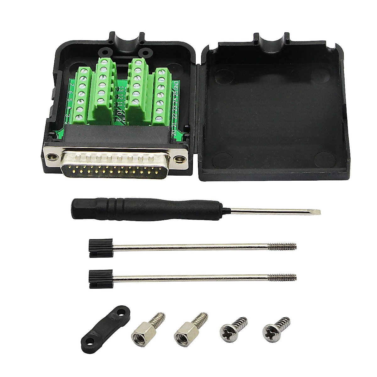 CERRXIAN DB25 Breakout Board, DB25 Male D-SUB Connector to DB25 Screw Solderless Wiring Terminal Module Breakout PCB Board Kits with Plastic Case (M Black)