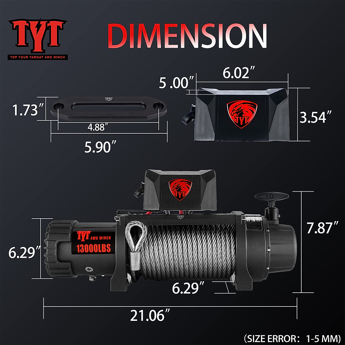 TYT T1 Series Winch 13000 lb. Advanced Load Capacity Electric Winch,12V Waterproof IP67 Electric Winch with Hawse Fairlead, Steel Cable Truck Winch with Wireless Handheld Remote and Wired Handle…