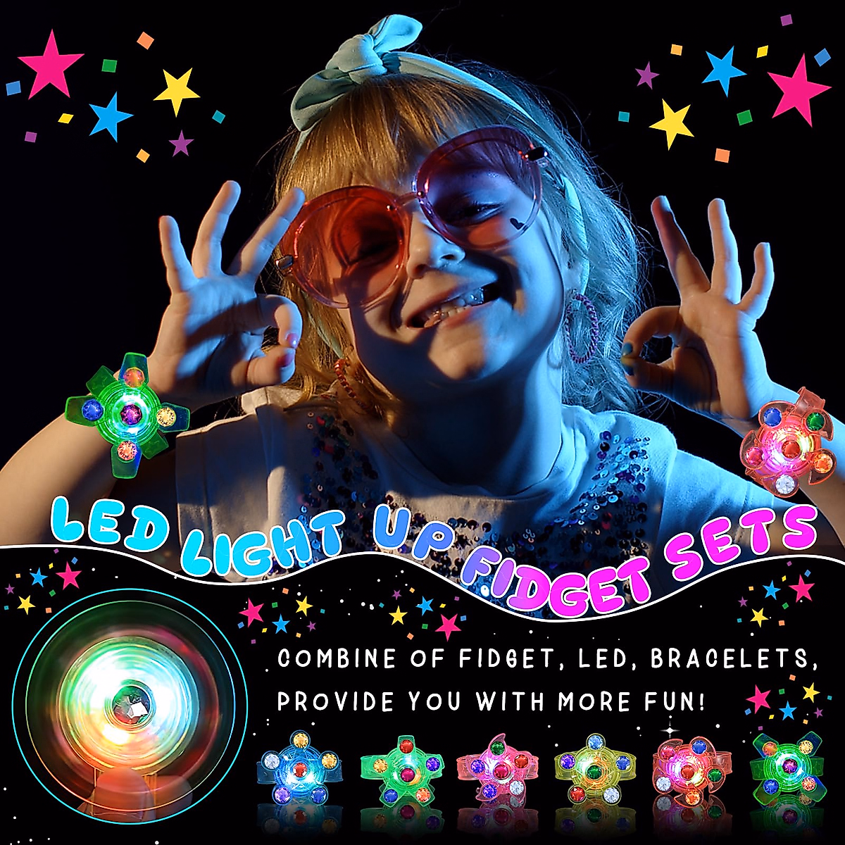 BEIKEETOO 25 Pack LED Fidget Spinner Bracelets Light Up Party Favors for Kids 4-8-12 Valentines Goodie Bag Stuffers Glow in the Dark Party Supplies for Birthday Party Favors