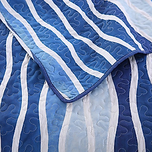 SLPR Blue Wave 2-Piece Quilt Set - Twin Size with 1 Sham, Coastal Beach House Bedding with Nautical Wave Design for Kids, Summer Ocean Waves Quilted Bedspread in Beachy Theme