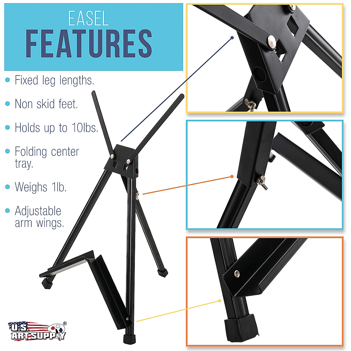 U.S. Art Supply 15" to 21" High Adjustable Black Aluminum Tabletop Display Easel with Extension Arm Wings - Portable Artist Tripod Folding Frame Stand - Holds Canvas, Paintings, Books, Photos, Signs