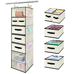 homyfort Hanging Closet Organizer with 5 Drawers and storage - 7 Shelves Organization, Foldable & Heavy Duty Clothes Storage for Wardrobe, Closet, Dorm, (49.6" H, Beige)